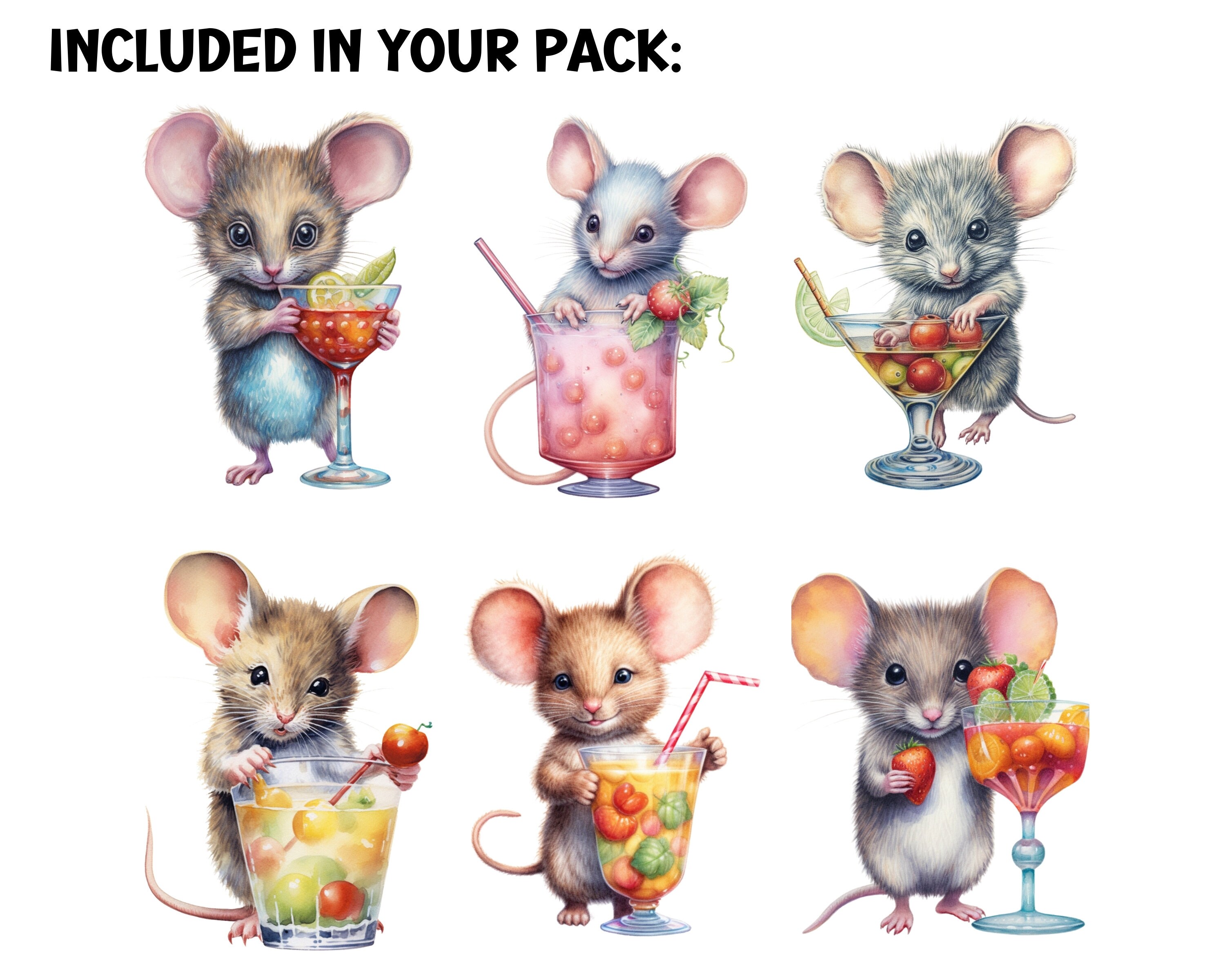 Cute Cocktail Mice Clip Art, Digital & Paper Crafts Fantasy Animal ...