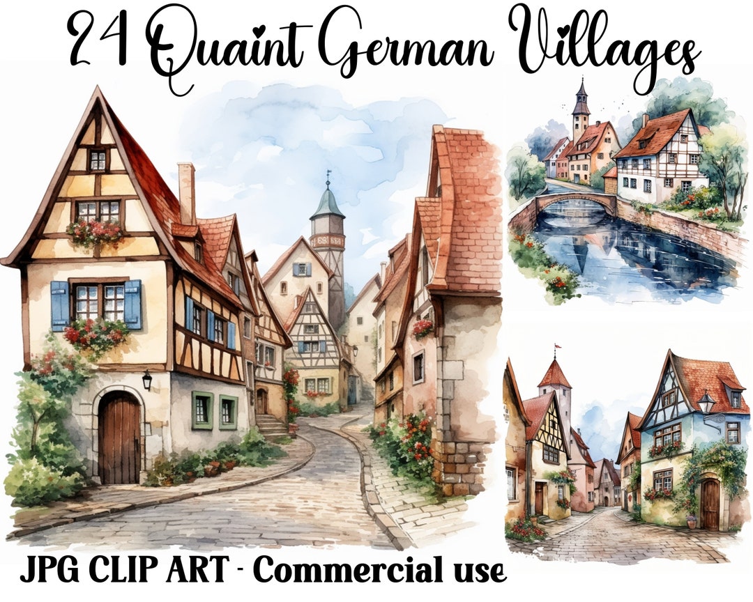 Quaint German Villages Watercolor Clipart Scenes, Fantasy Town Digital ...