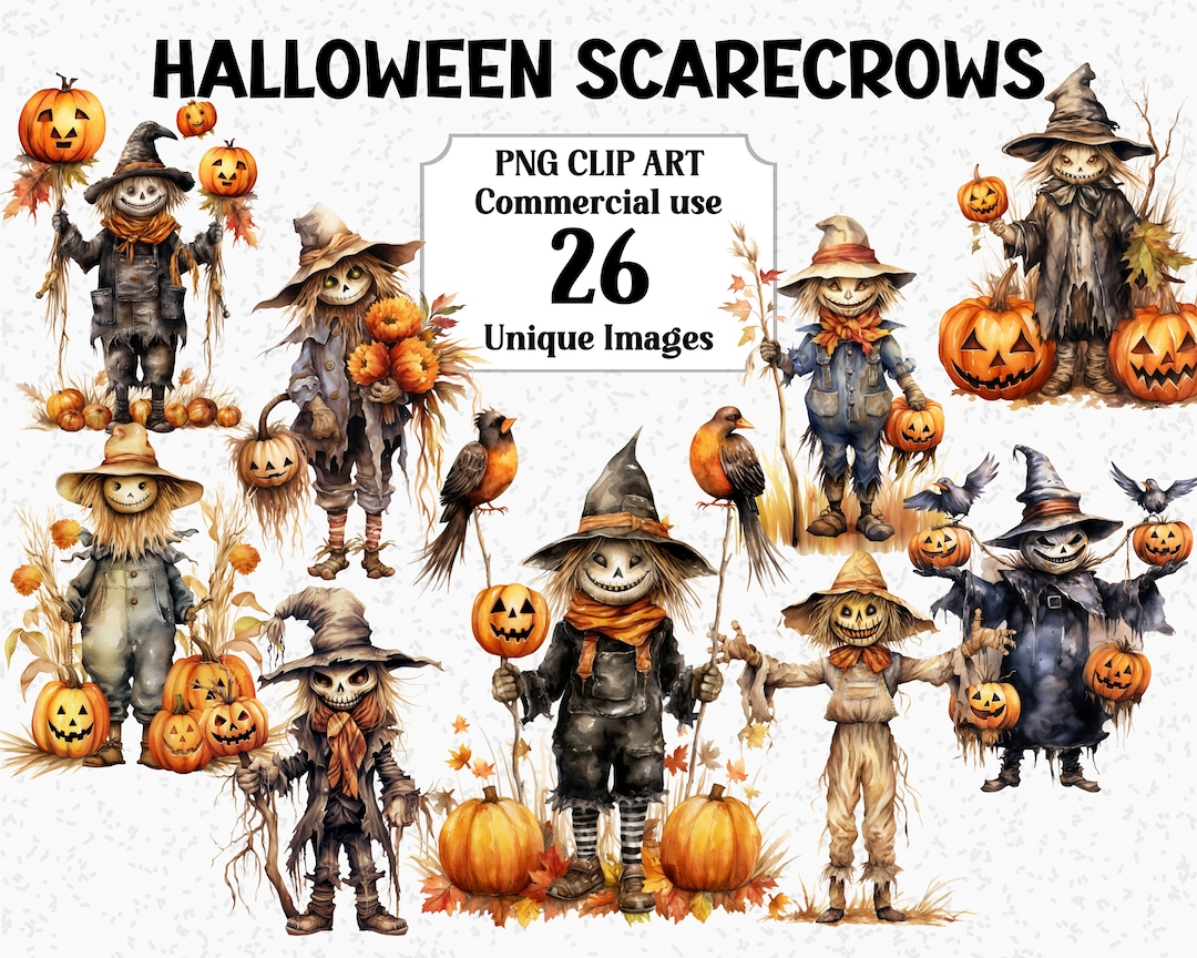 Halloween Scarecrows Watercolor Spooky Clip Art, Fantasy Digital ...