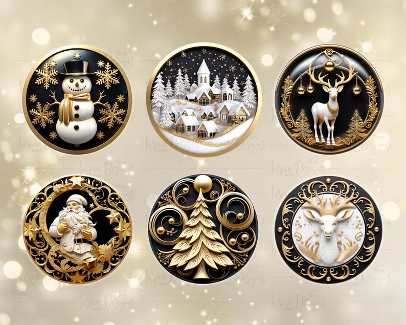 3D Effect Elegant Black & Gold Christmas Circle Ornaments, Downloadable ...