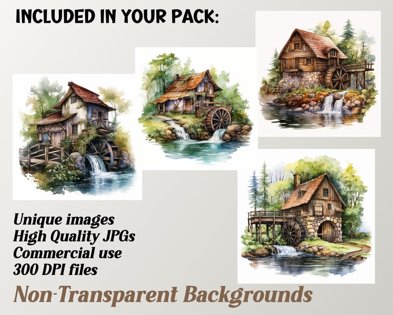 Watermill Scenes Watercolor Clipart, Digital & Paper Craft, Instant ...