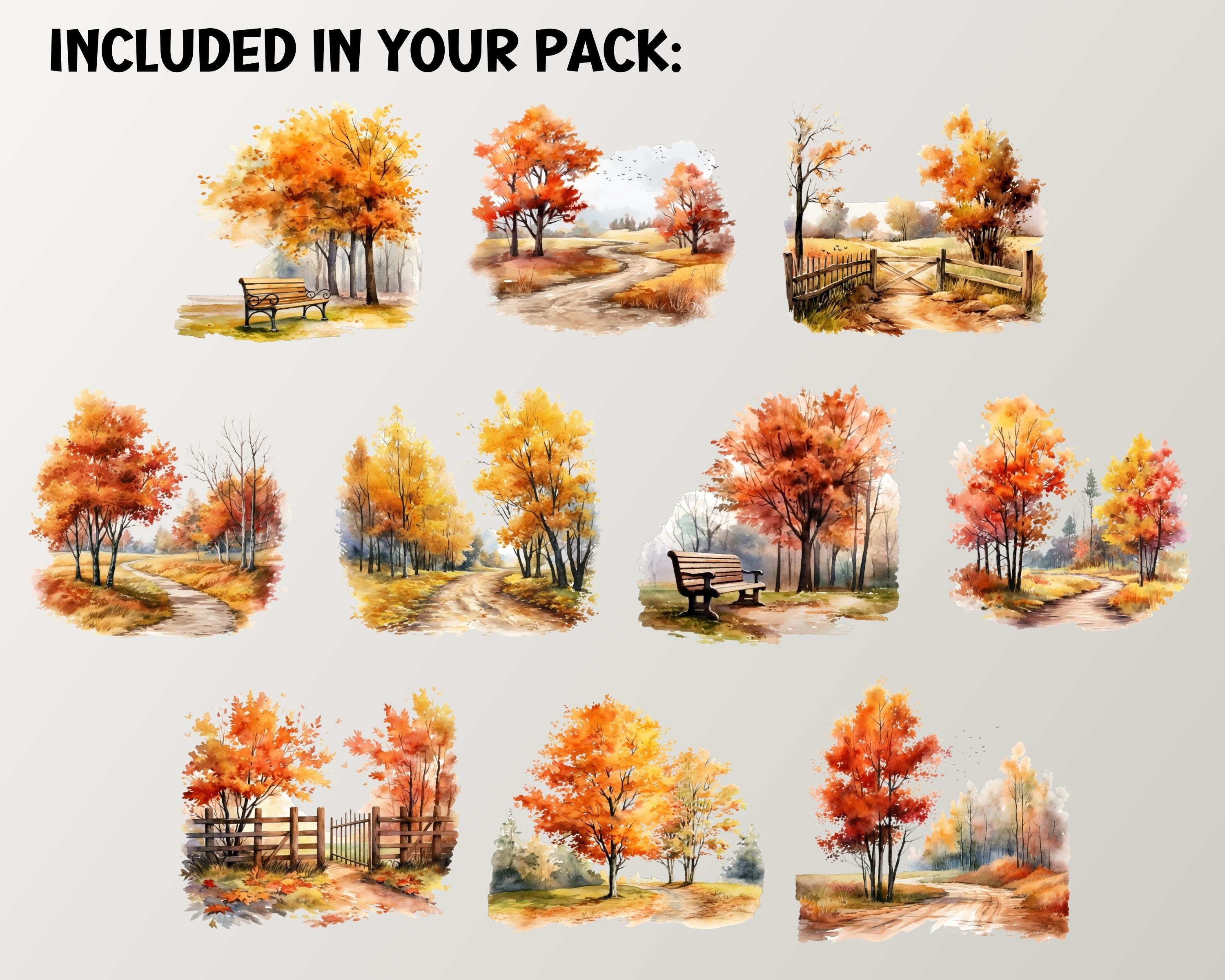 Autumn / Fall Landscapes Watercolor Clipart Scenes, Craft Sublimation ...