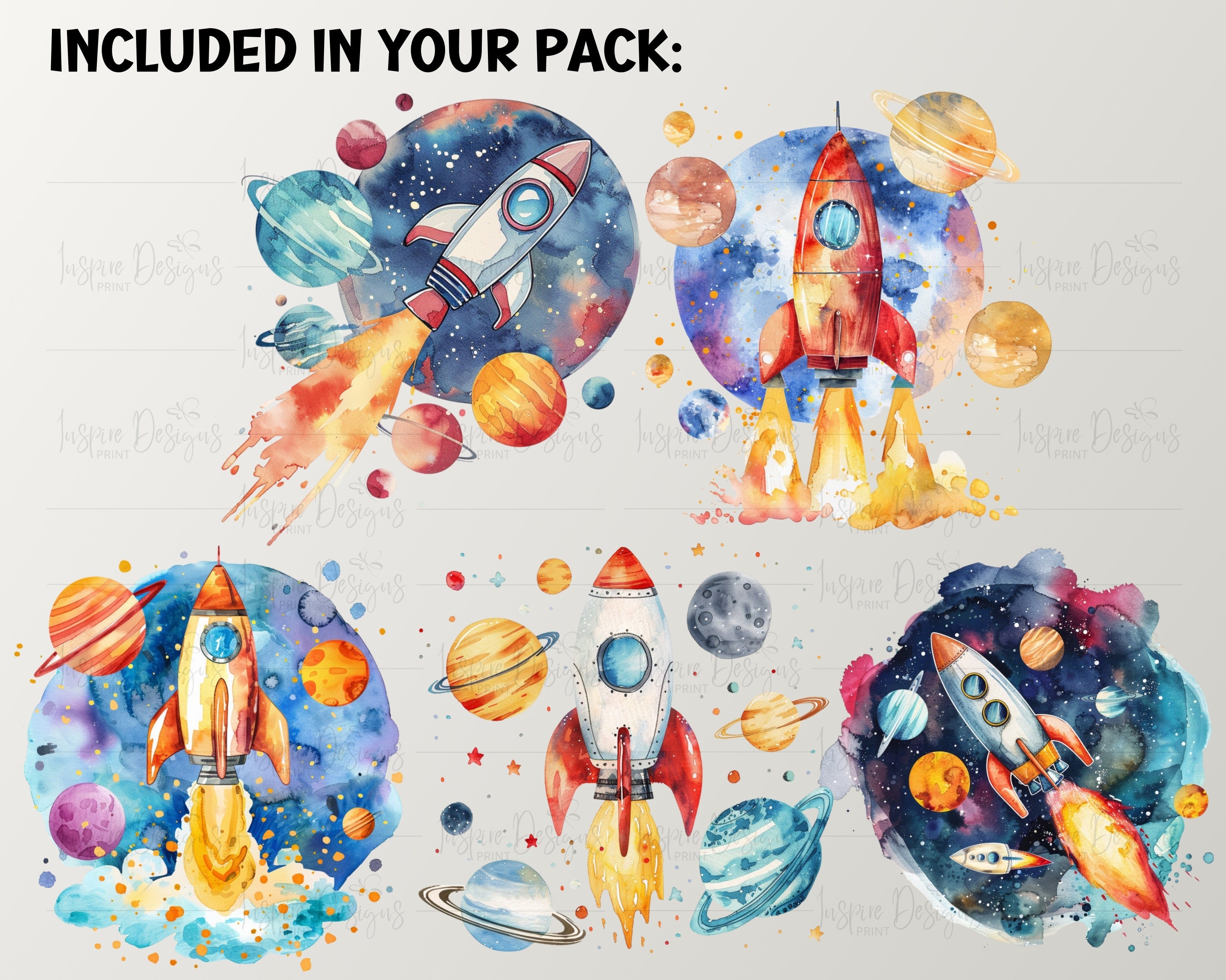 Cool Space Rockets Watercolor Clipart, Instant Download Commercial Use ...