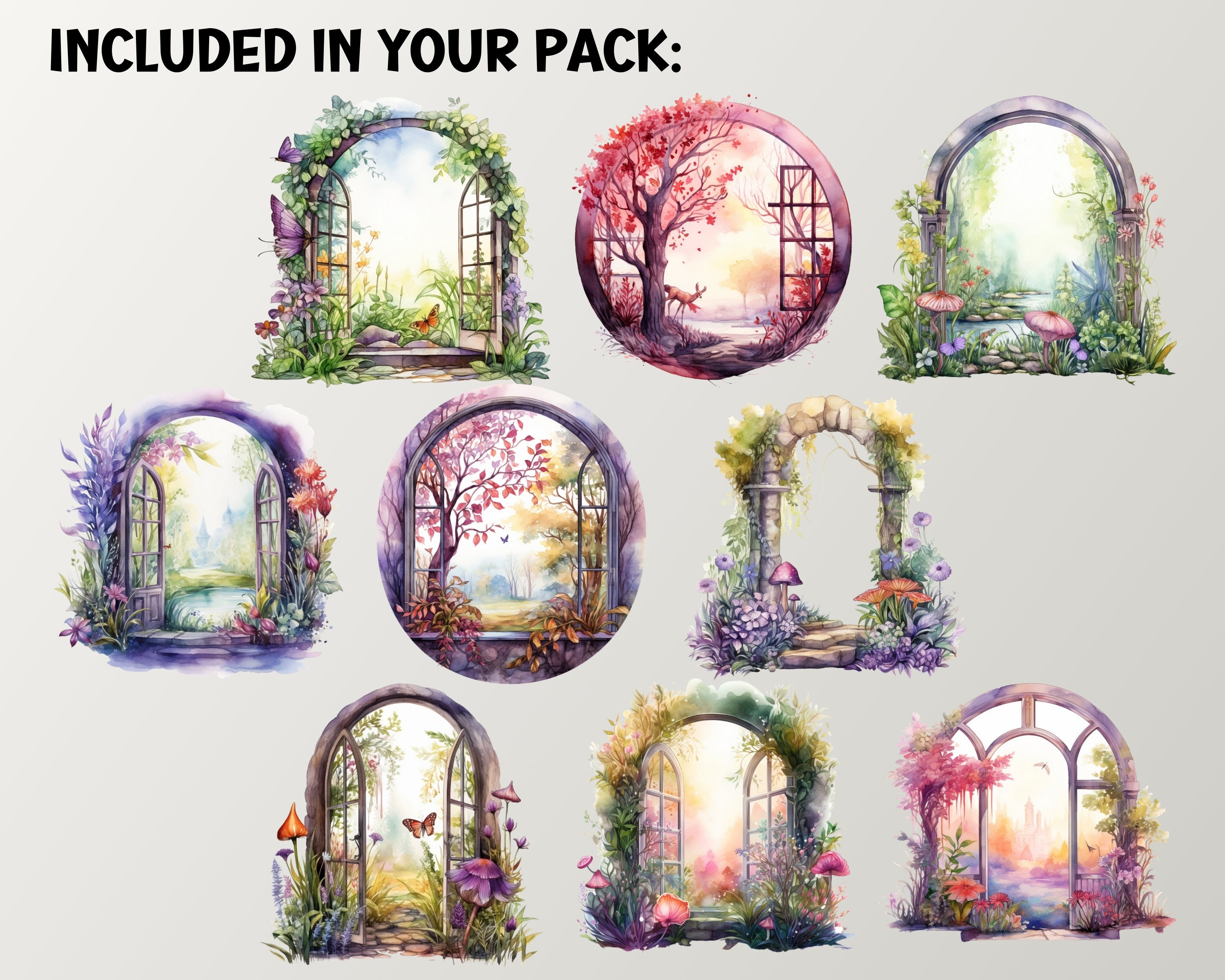 Fairytale Windows Scenes Watercolor Landscape Clipart, Scrapbooking ...