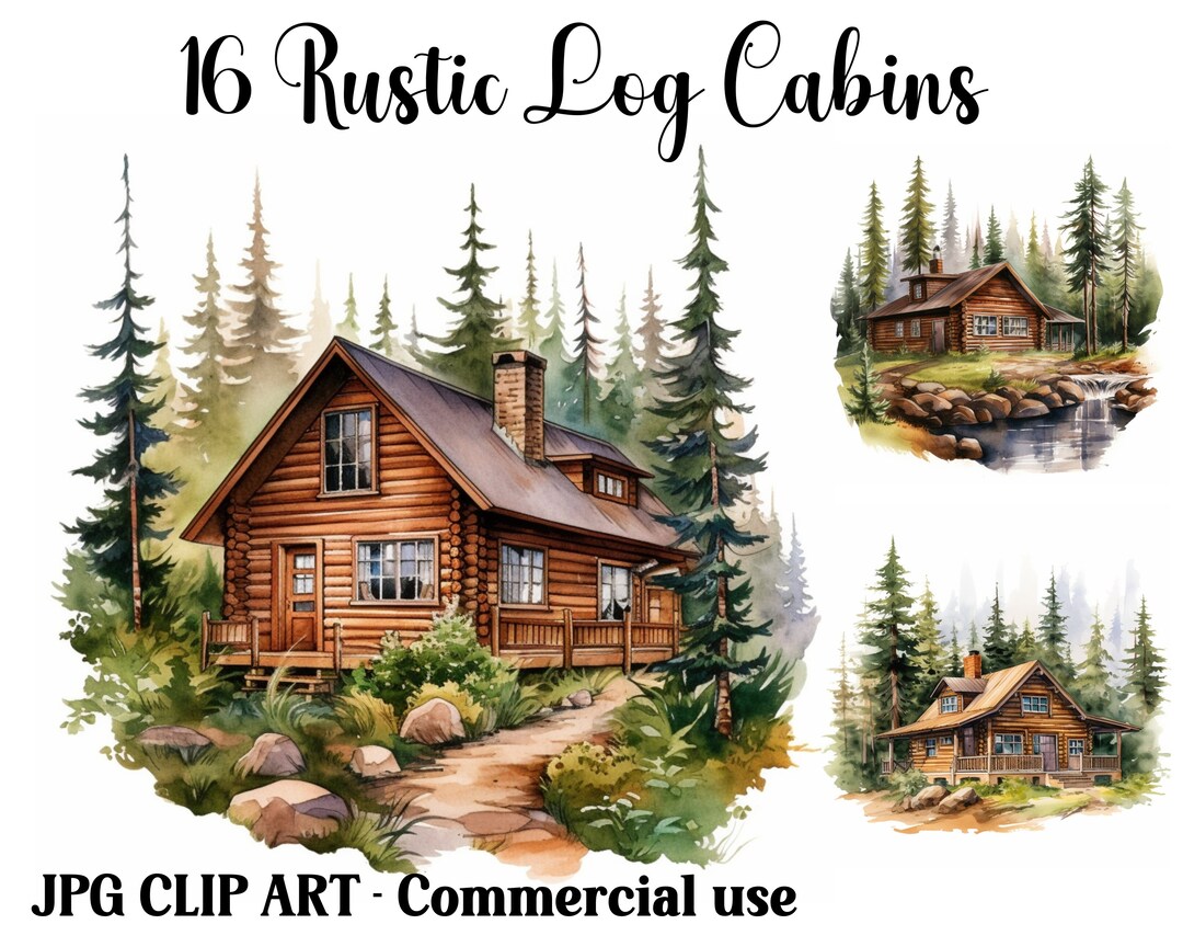 Rustic Log Cabins Watercolor Clipart Scenes, Digital & Paper Craft ...