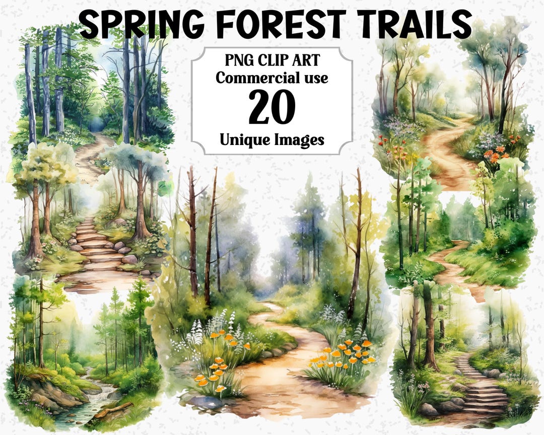 Spring Forest Trails Clipart Watercolor Landscape Scenes Scrapbooking ...