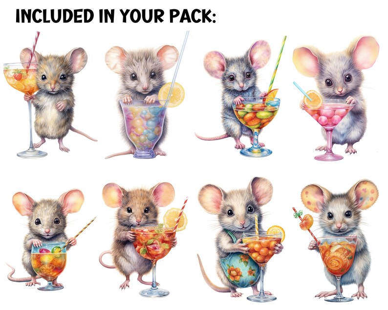 Cute Cocktail Mice Clip Art, Digital & Paper Crafts | Fantasy Animal ...