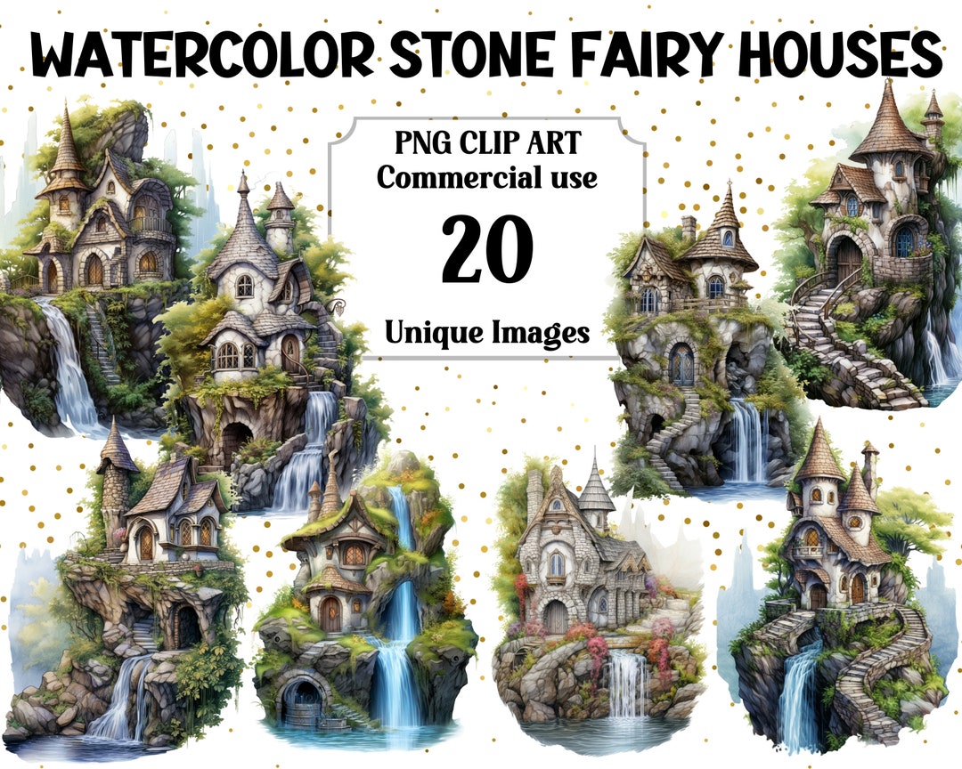 Watercolor Stone Fairy Houses Clip Art | Digital & Paper Crafts ...