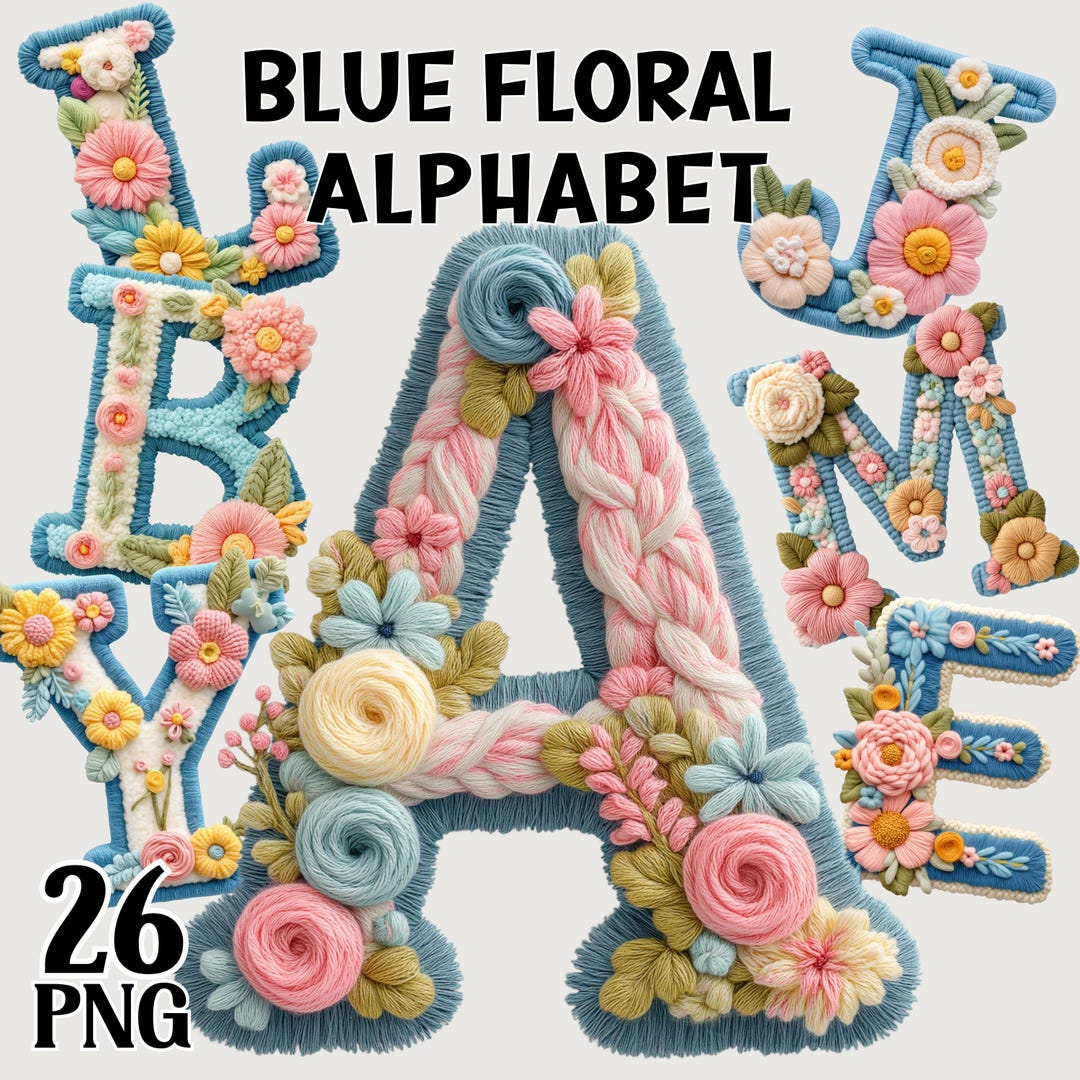 Blue Floral Faux Yarn Alphabet Letters, Faux Crotchet Font Clipart, A-Z ...