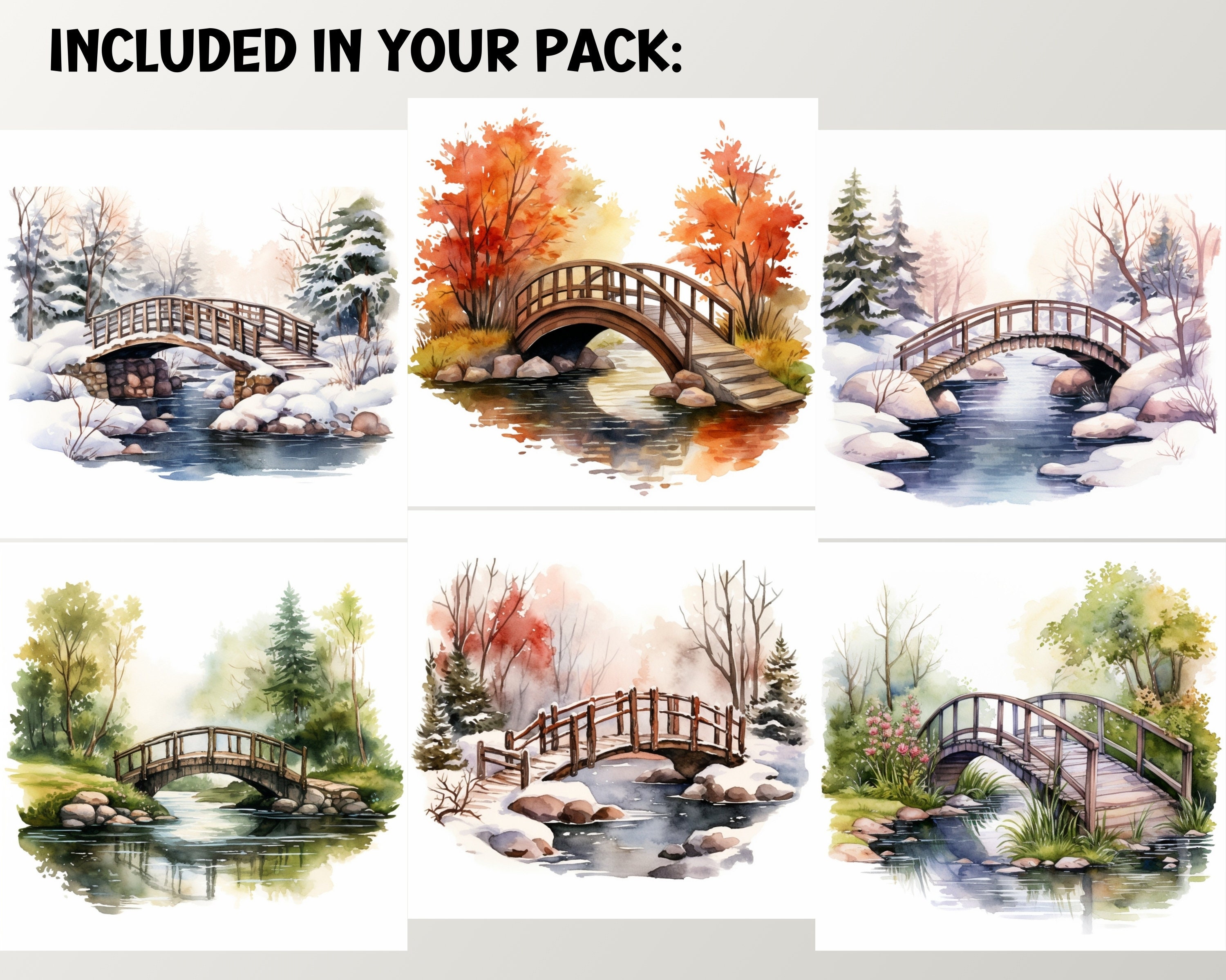 Seasonal Bridges Watercolor Clipart Scenes, Instant Download Winter ...