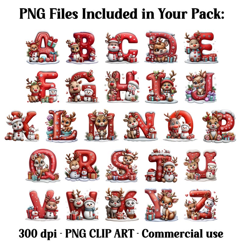 Cute Reindeer Christmas Letters Clipart, Custom Initial Ornament ...