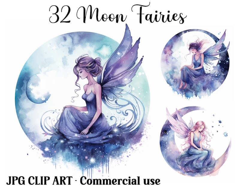 Moon Fairies Watercolor Night Clipart Scenes, Fantasy Fairytale Digital ...