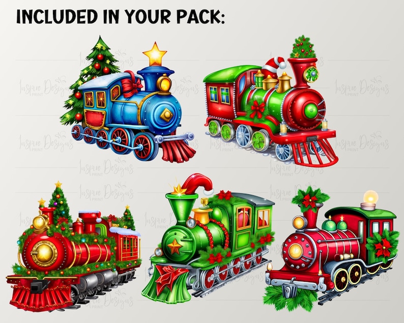 Cute Christmas Trains Clipart, Digital & Paper Crafts, Winter Carriage ...