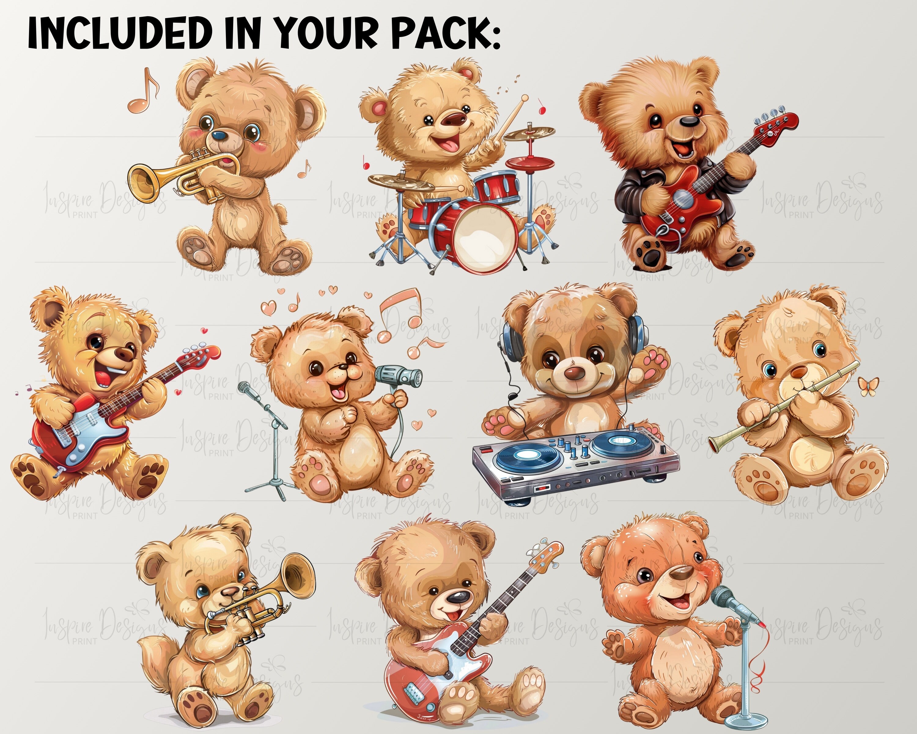 Cartoon Musical Bears Clipart, Instant Download, Music Guitar Drums ...