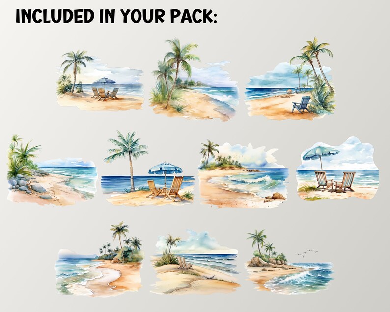 Tropical Beach Scenery Watercolor Clipart, Digital Sea Coastline Nature ...
