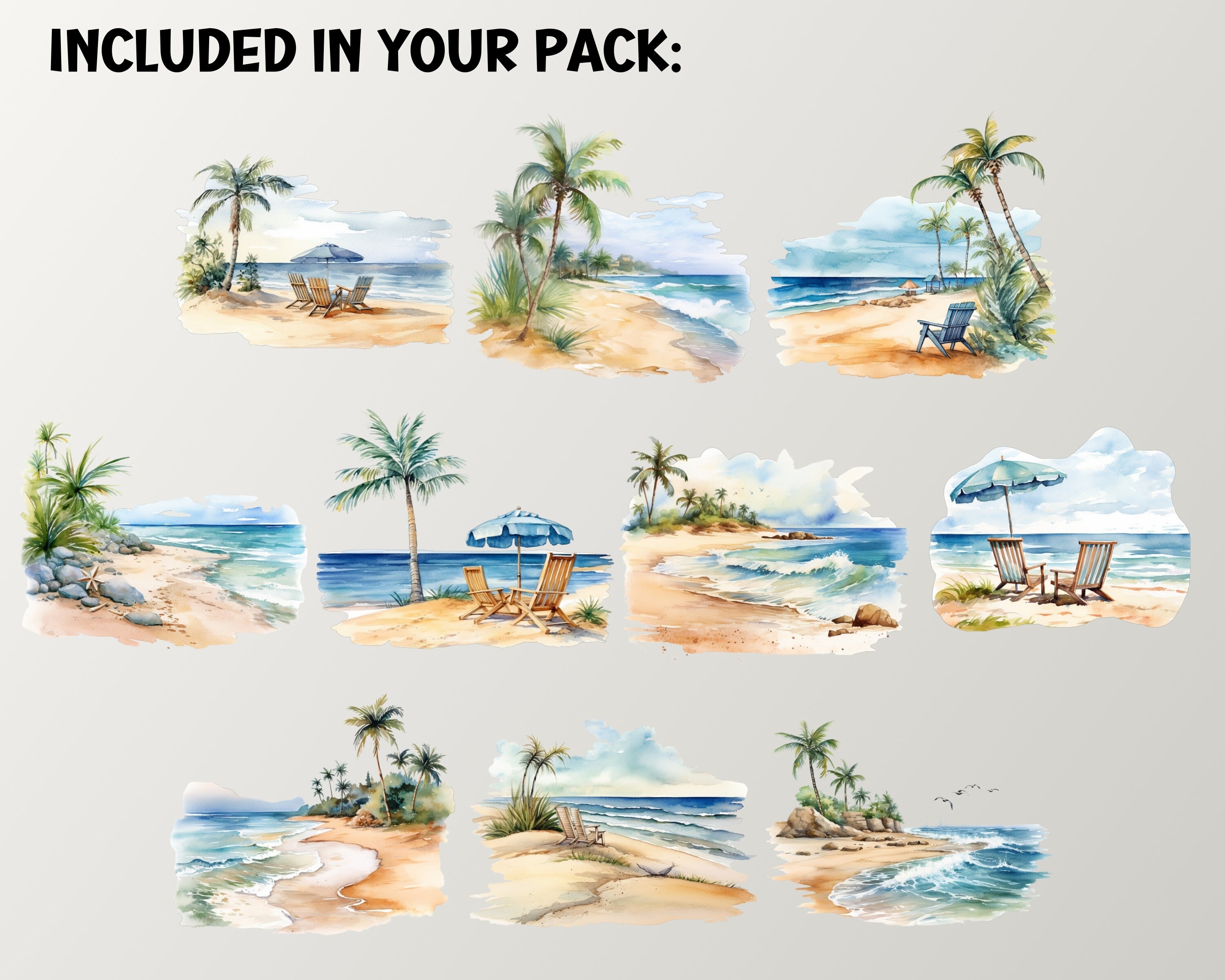 Tropical Beach Scenery Watercolor Clipart, Digital Sea Coastline Nature ...