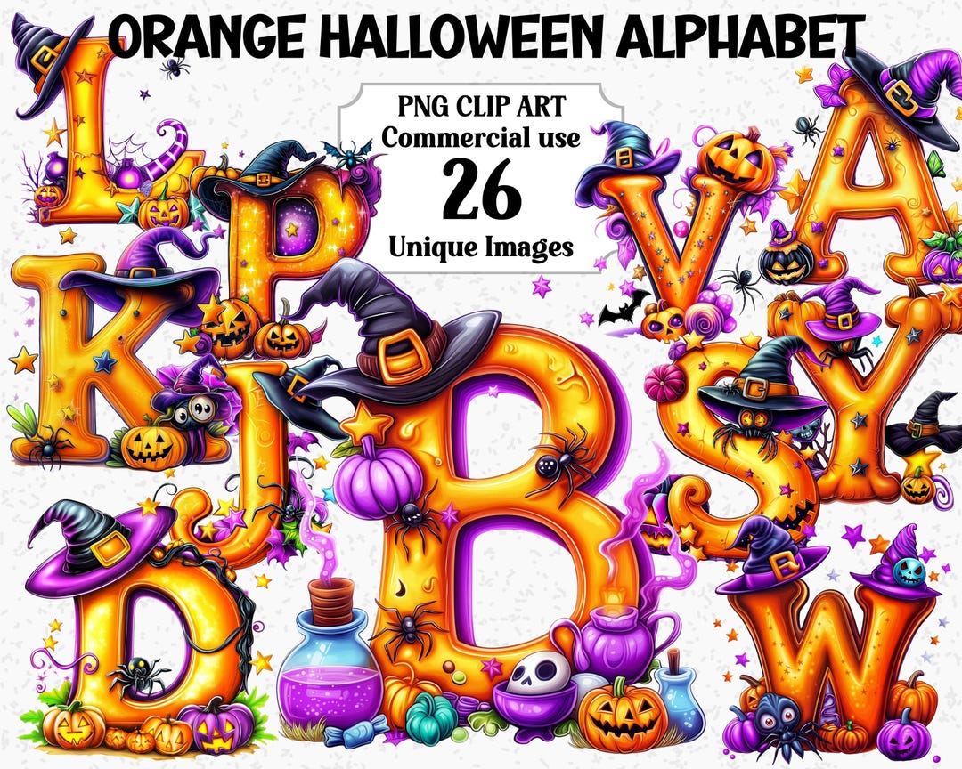 Orange Halloween Alphabet Clipart Cute Spooky Fantasy Letters, Digital ...
