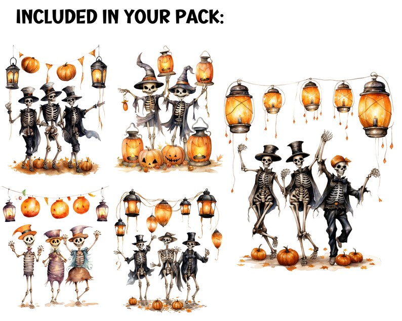 Halloween Dancing Skeletons Spooky Watercolor Clip Art, Digital Paper ...