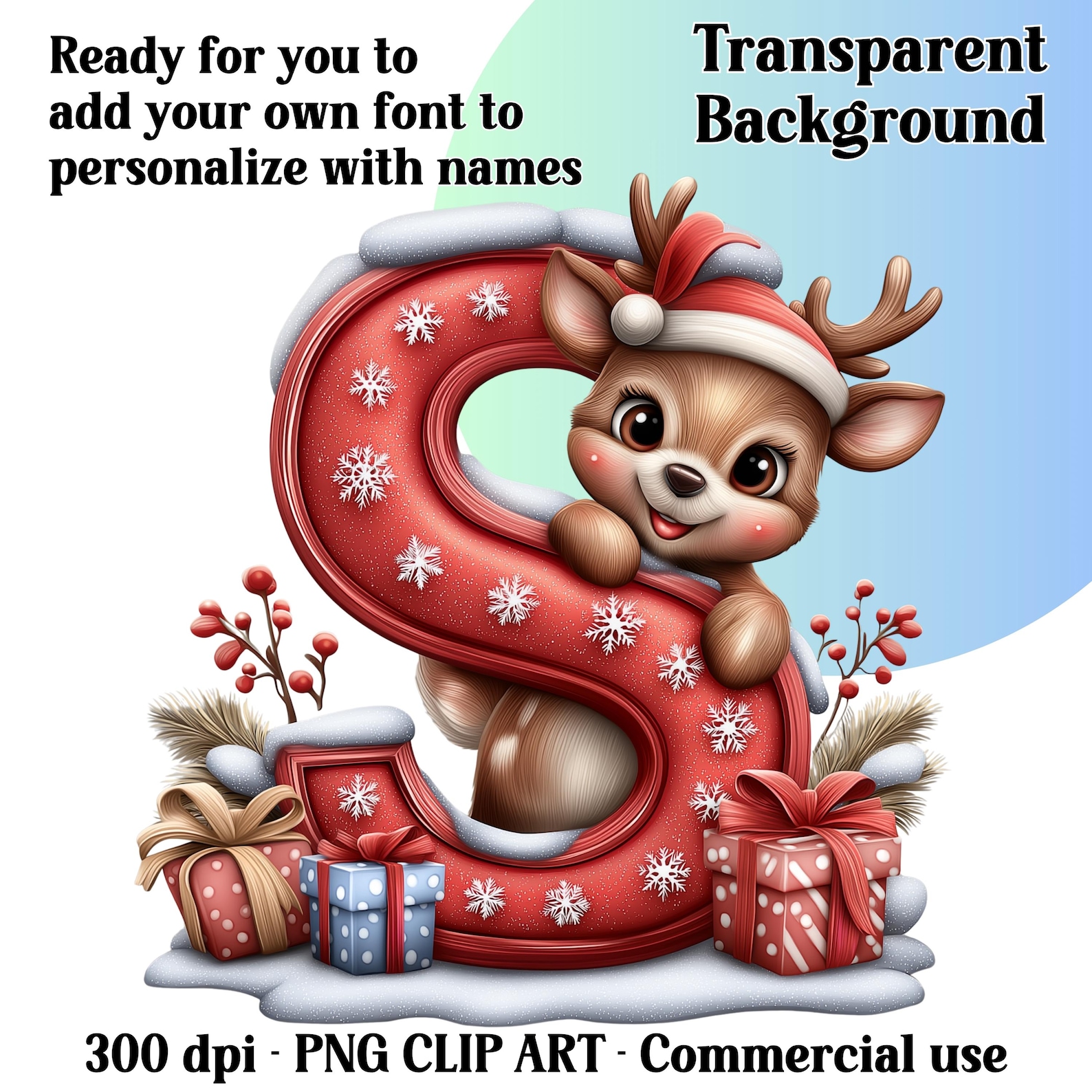 Cute Reindeer Christmas Letters Clipart, Custom Initial Ornament ...