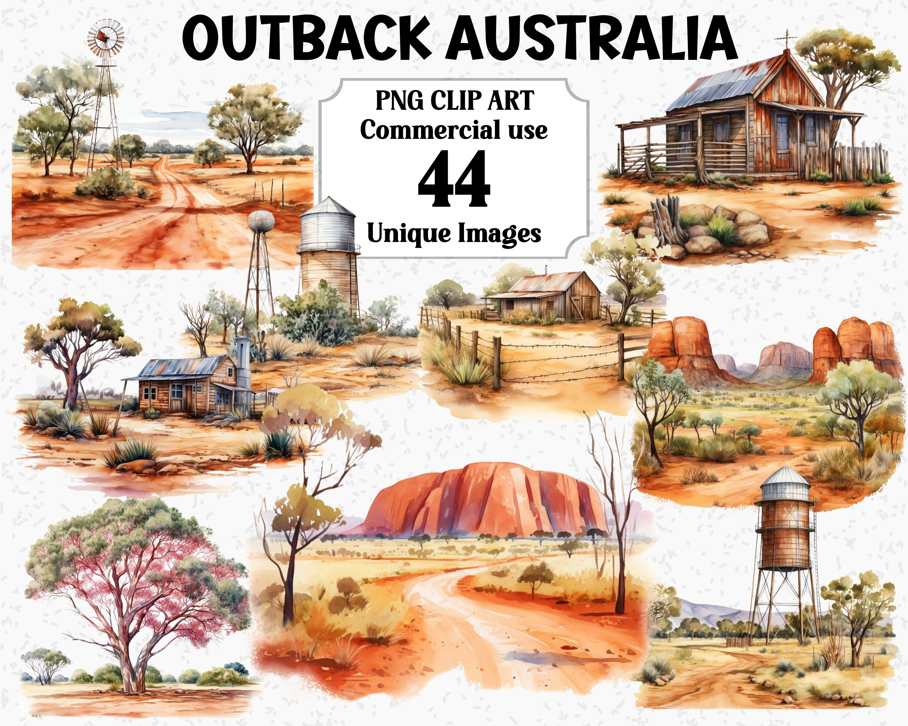 Outback Australia Watercolor Rural Aussie Country Clipart, Uluru, Silos ...