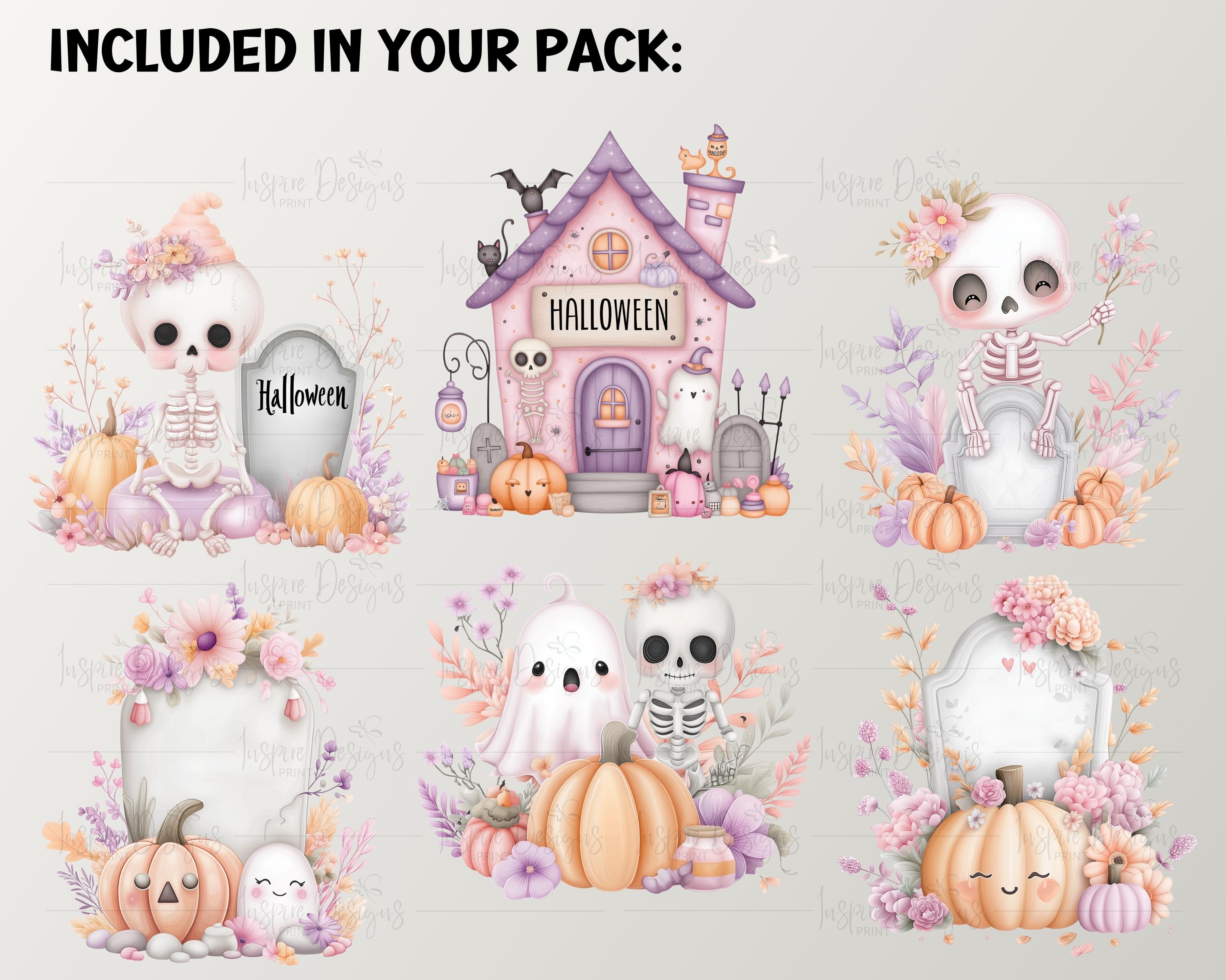 Cute Pastel Halloween Clipart Ghost Pumpkin Skeleton Haunted House ...