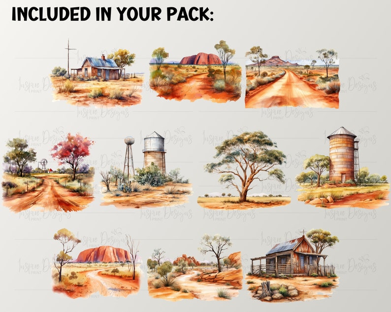 Outback Australia Watercolor Rural Aussie Country Clipart, Uluru, Silos ...