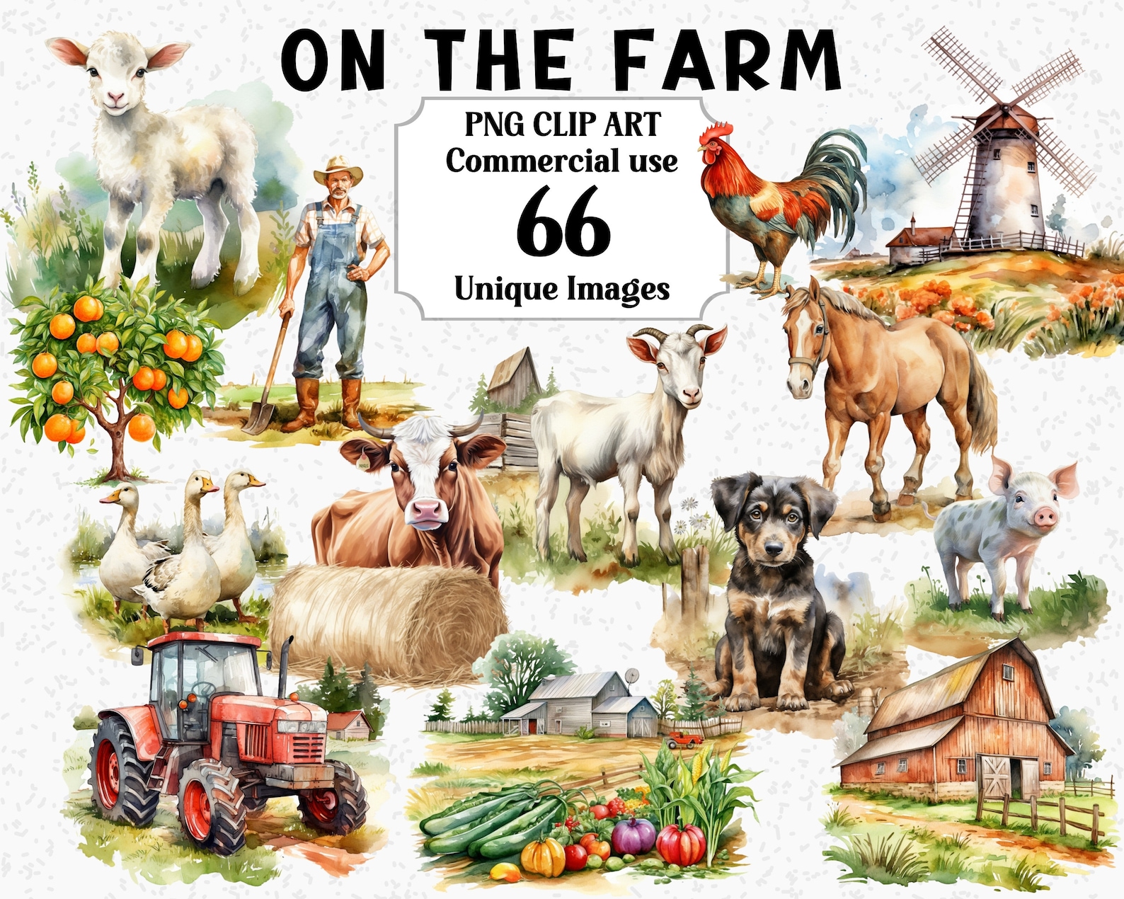 On the Farm Clipart, Watercolor Barn Animals, Cows, Horses, Sheep ...