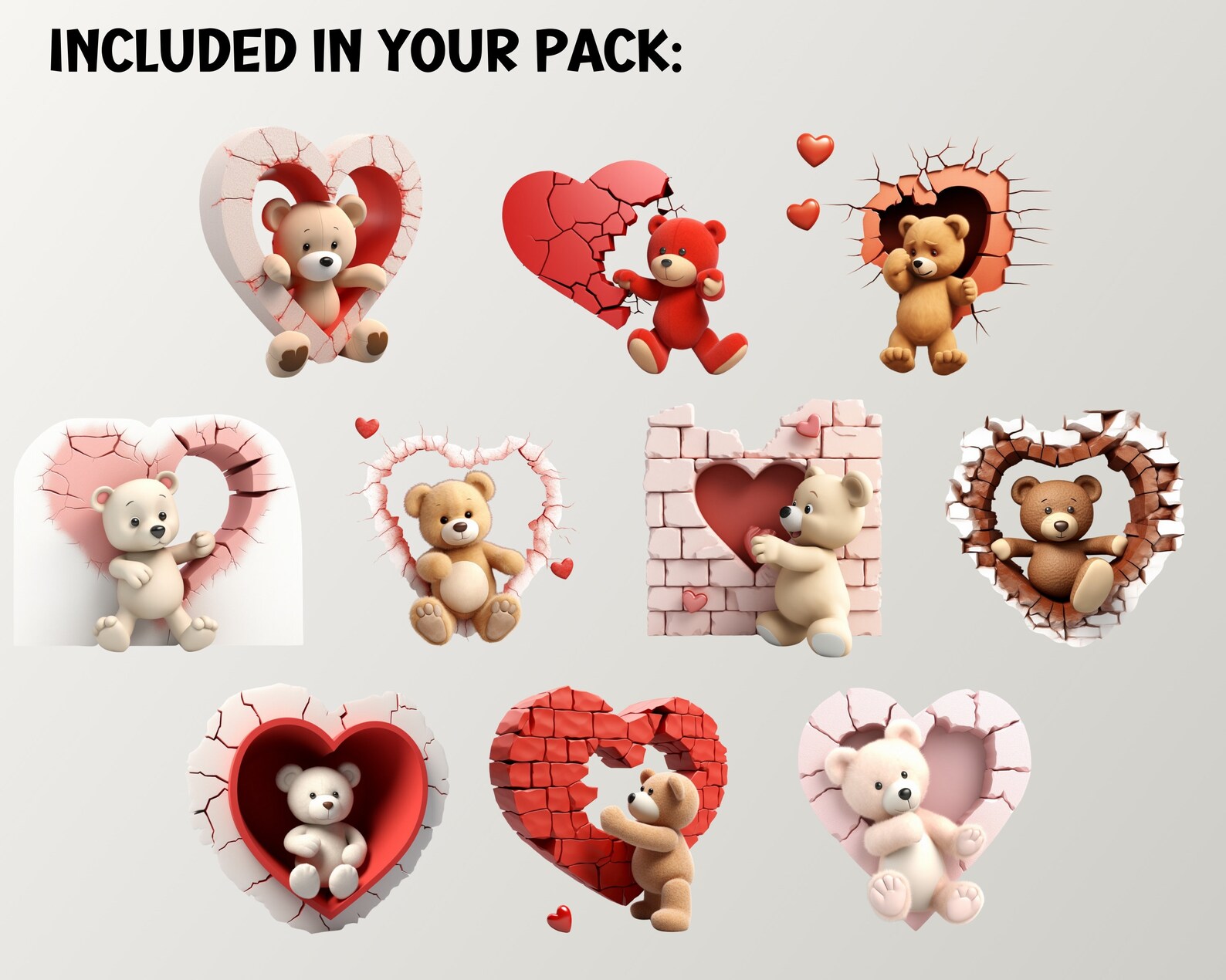 Valentines Day Bears, 3D Style Watercolor Clipart, Breakthrough Wall ...