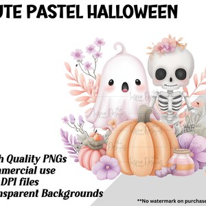 Cute Pastel Halloween Clipart Ghost Pumpkin Skeleton Haunted House ...