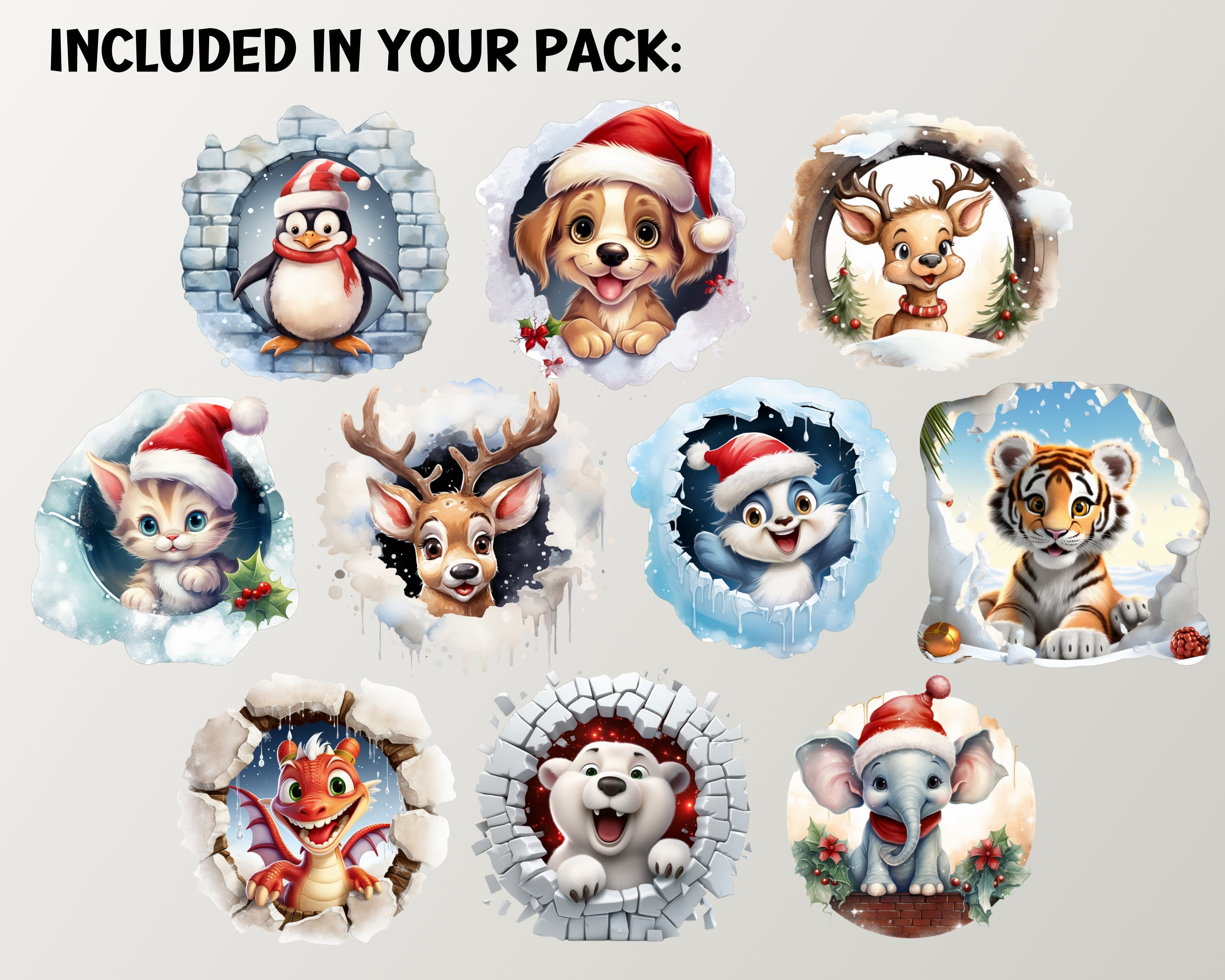 3D Style Cute Animals Christmas PNG Clipart, Instant Download ...