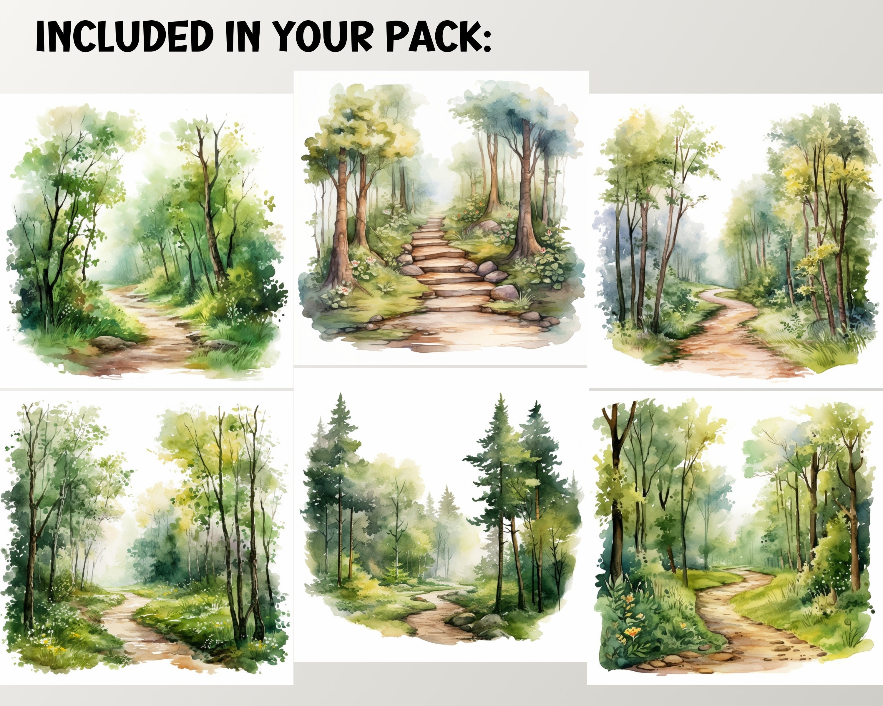 Forest Pathways Watercolor Clipart Scenes, Digital Craft, Instant ...
