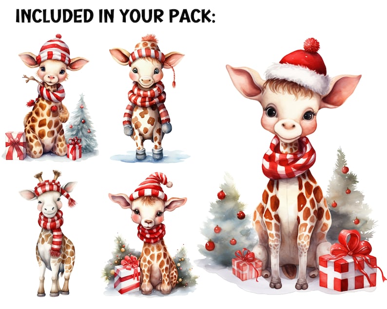 Christmas Giraffes Watercolor Clip Art, Digital/paper Crafts, Cute ...