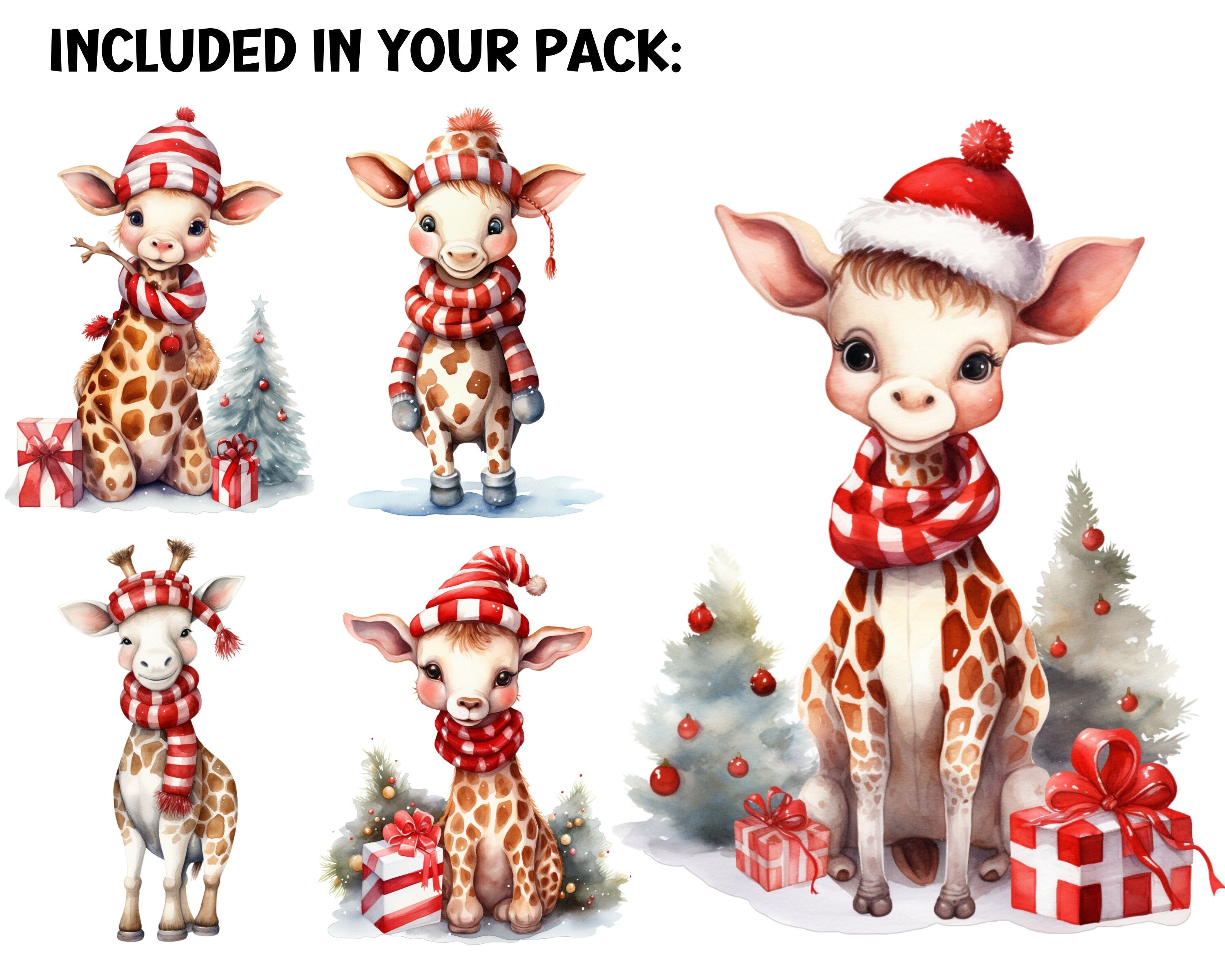 Christmas Giraffes Watercolor Clip Art, Digital/paper Crafts, Cute ...