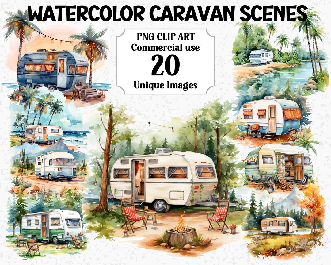 Watercolor Caravan Scenes Clipart Digital Camping Trailor Sublimation ...