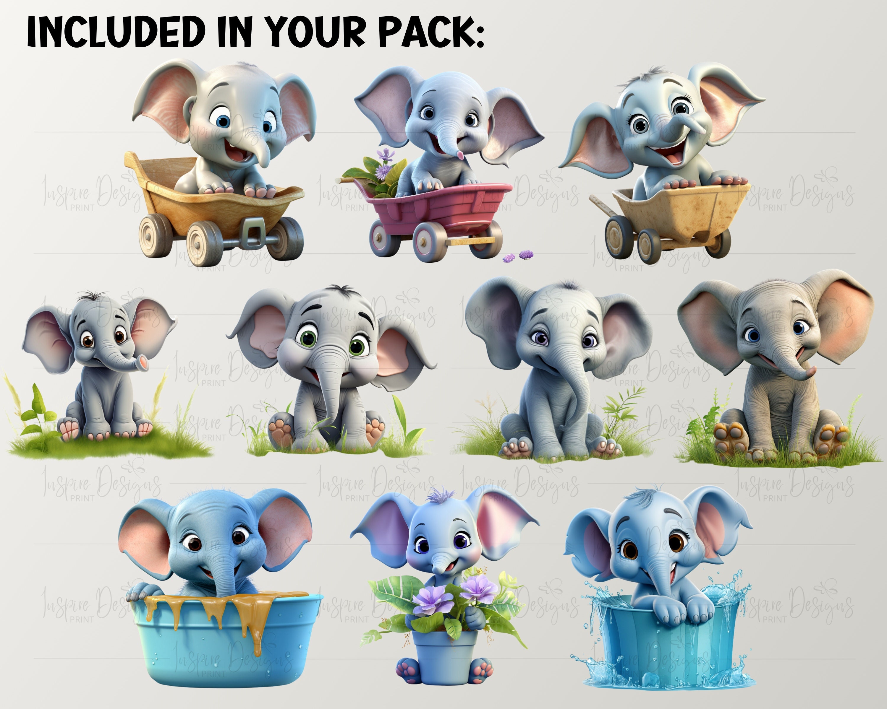 Cute Baby Elephants Watercolor Animals Clipart, Digital/paper Crafts ...