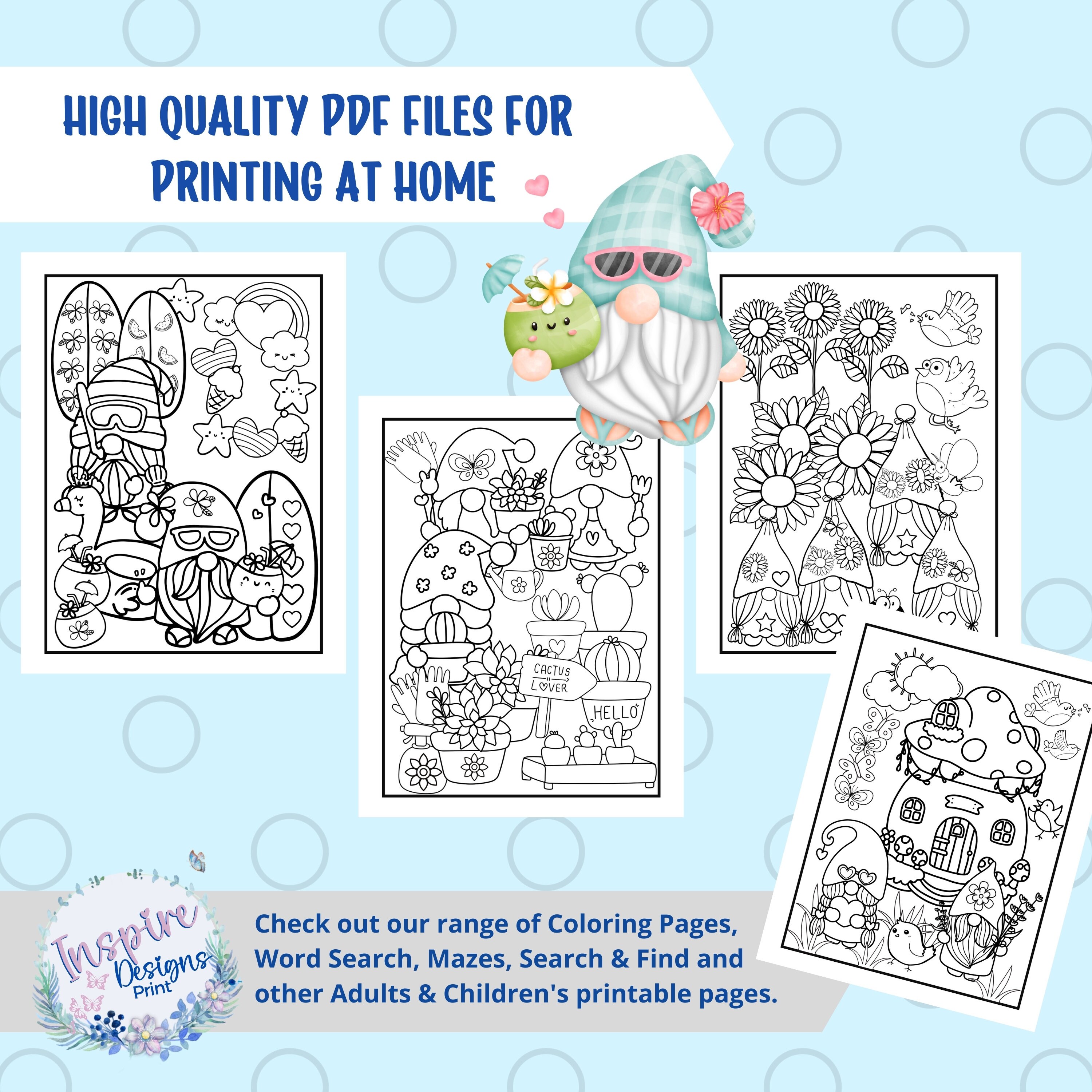 13 GNOME SUMMER Coloring Pages - Printable Original Activity Pages for ...