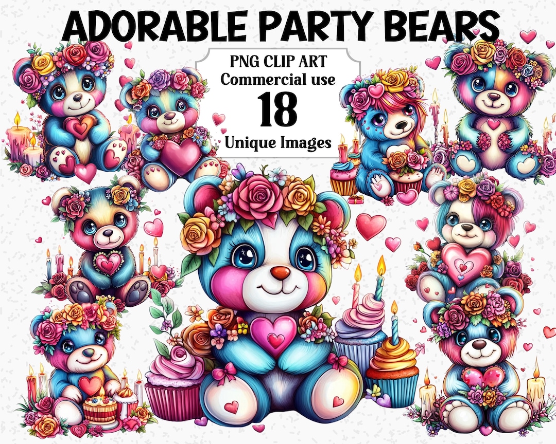Adorable Party Bears Clipart, Birthday Valentines Day, Digital Craft & Cards, Instant Download ...