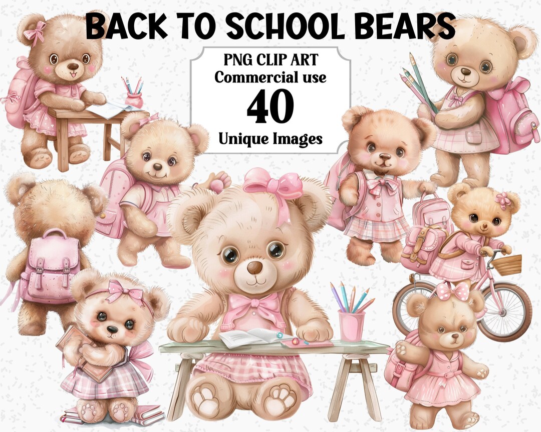 Back to School Bears Pink Clipart, Instant Download, Riding Bike, Desk ...