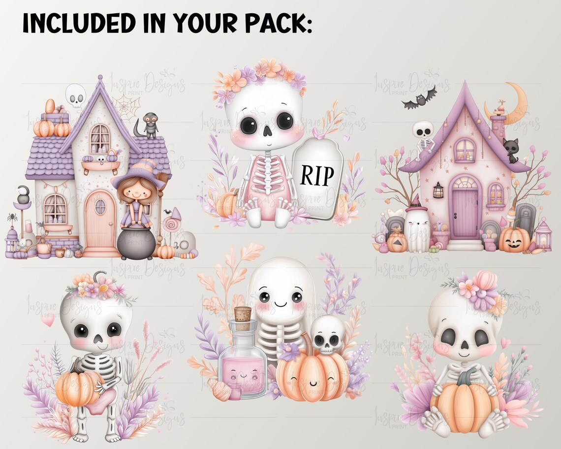 Cute Pastel Halloween Clipart Ghost Pumpkin Skeleton Haunted House ...