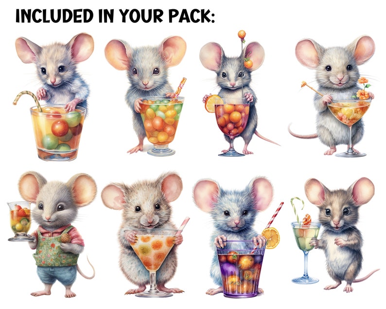 Cute Cocktail Mice Clip Art, Digital & Paper Crafts Fantasy Animal ...