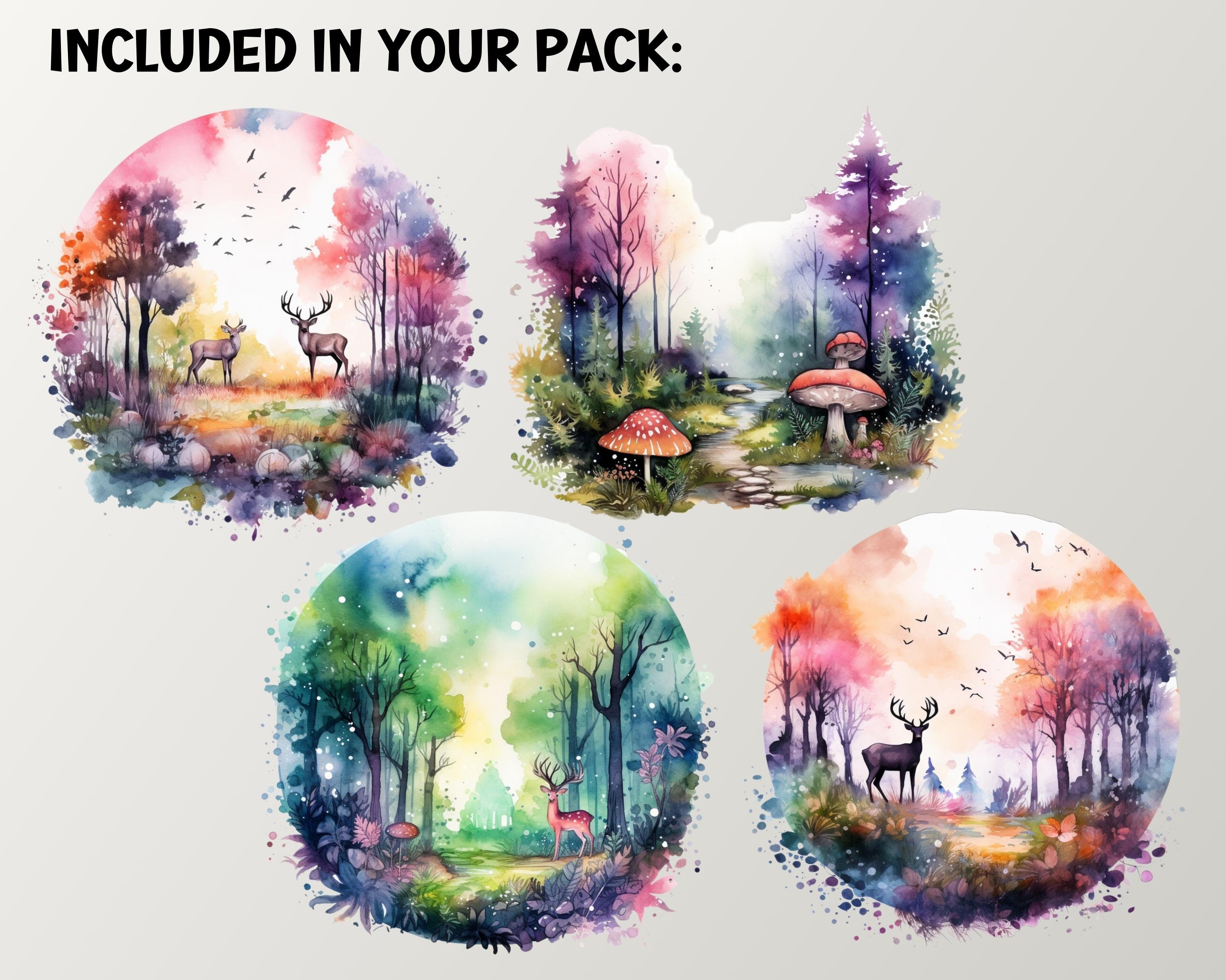 Magical Forest Landscapes Watercolor Fairytale Clipart, Scrapbooking ...