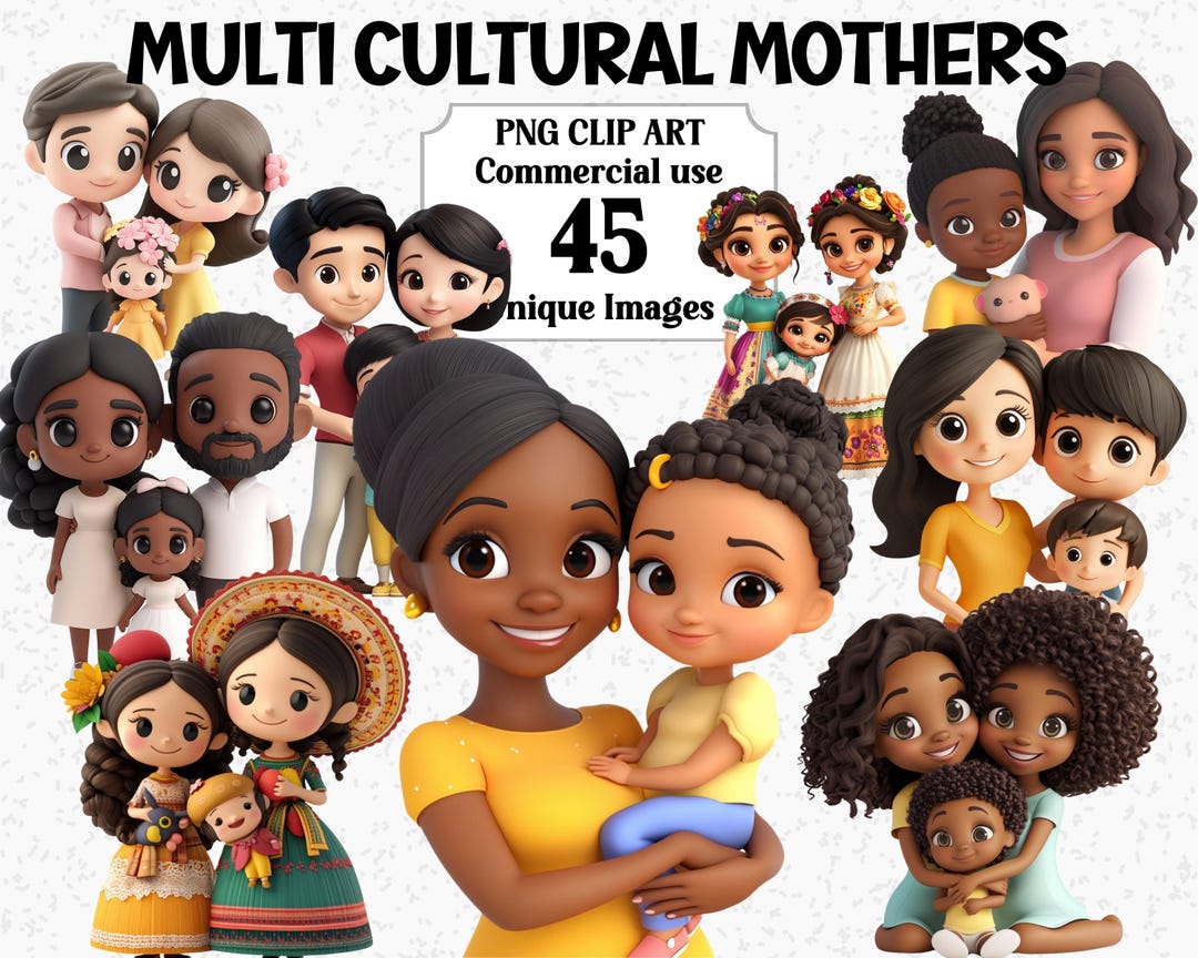 3D Style Multi Cultural Mothers Clipart, Mothers Day Commercial Use PNG ...