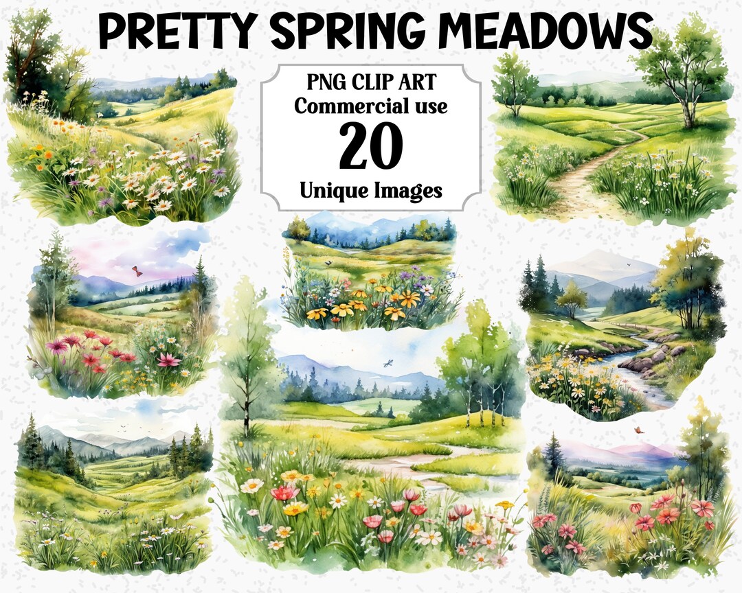 Pretty Spring Meadows Watercolor Floral Fields Sublimation Clipart ...