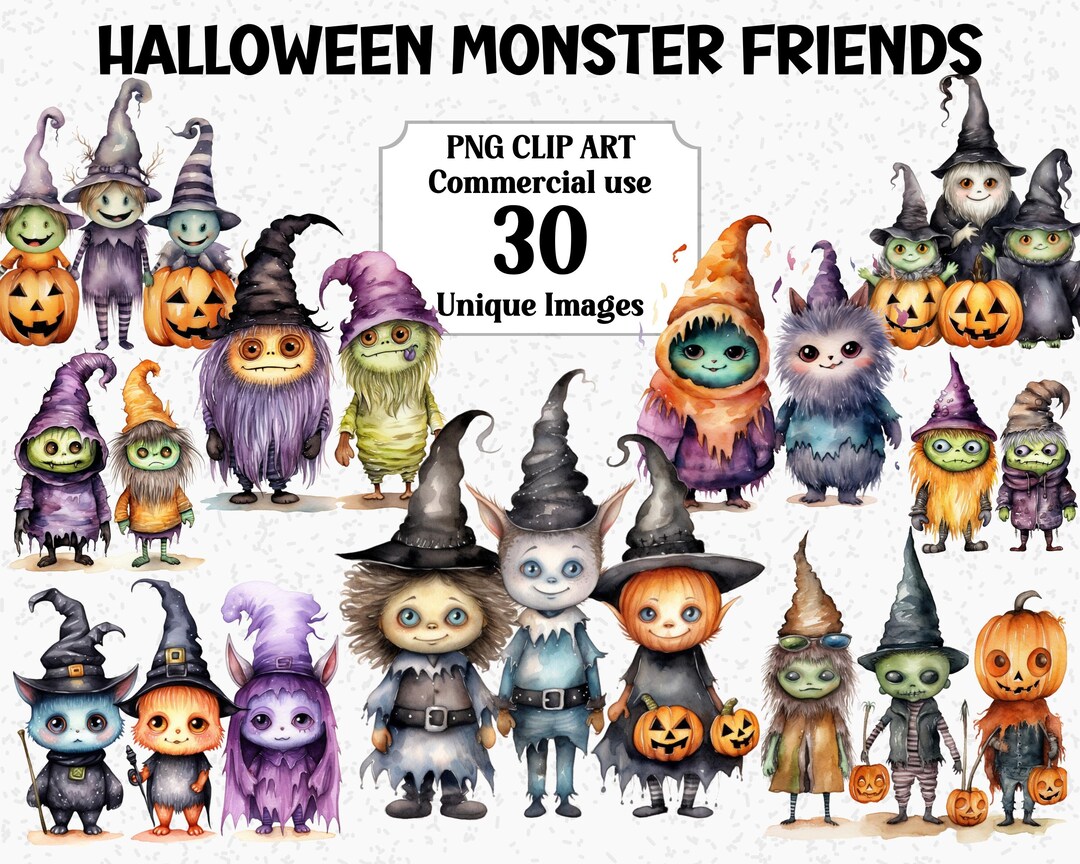 Halloween Monster Friends Watercolor Clipart, Digital/paper Crafts ...