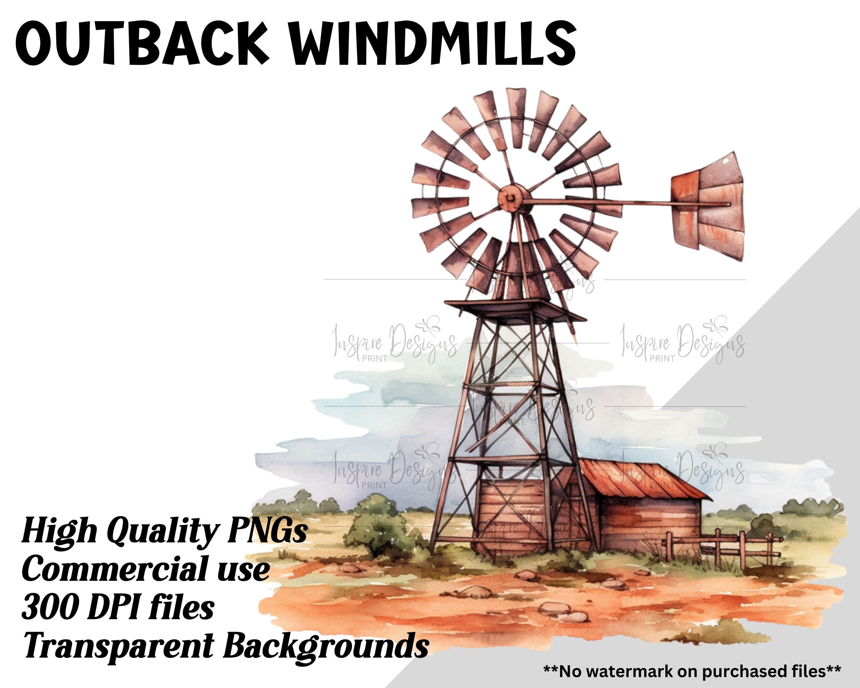 Outback Windmills Watercolor Clipart, Digital & Paper Craft, Instant ...