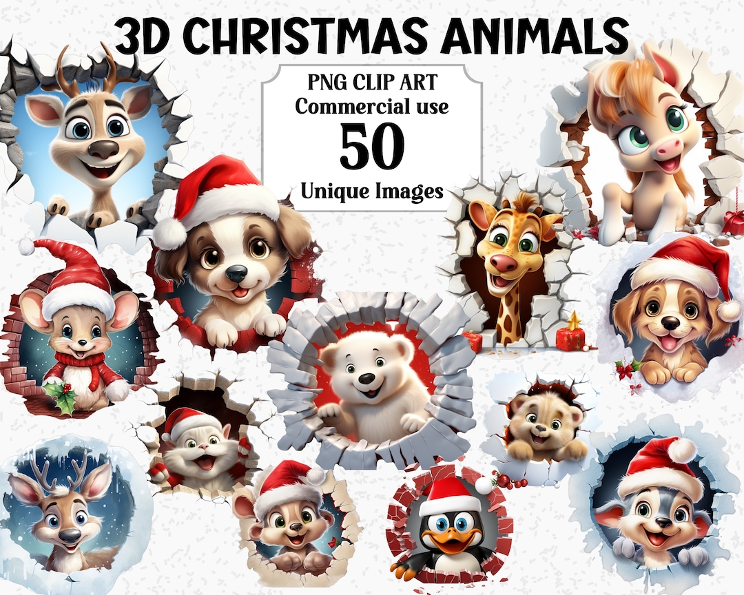 3D Style Cute Animals Christmas PNG Clipart, Instant Download ...