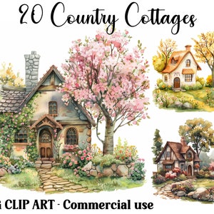 Country Cottages Watercolor Clipart Scenes, Quaint Houses & Gardens ...
