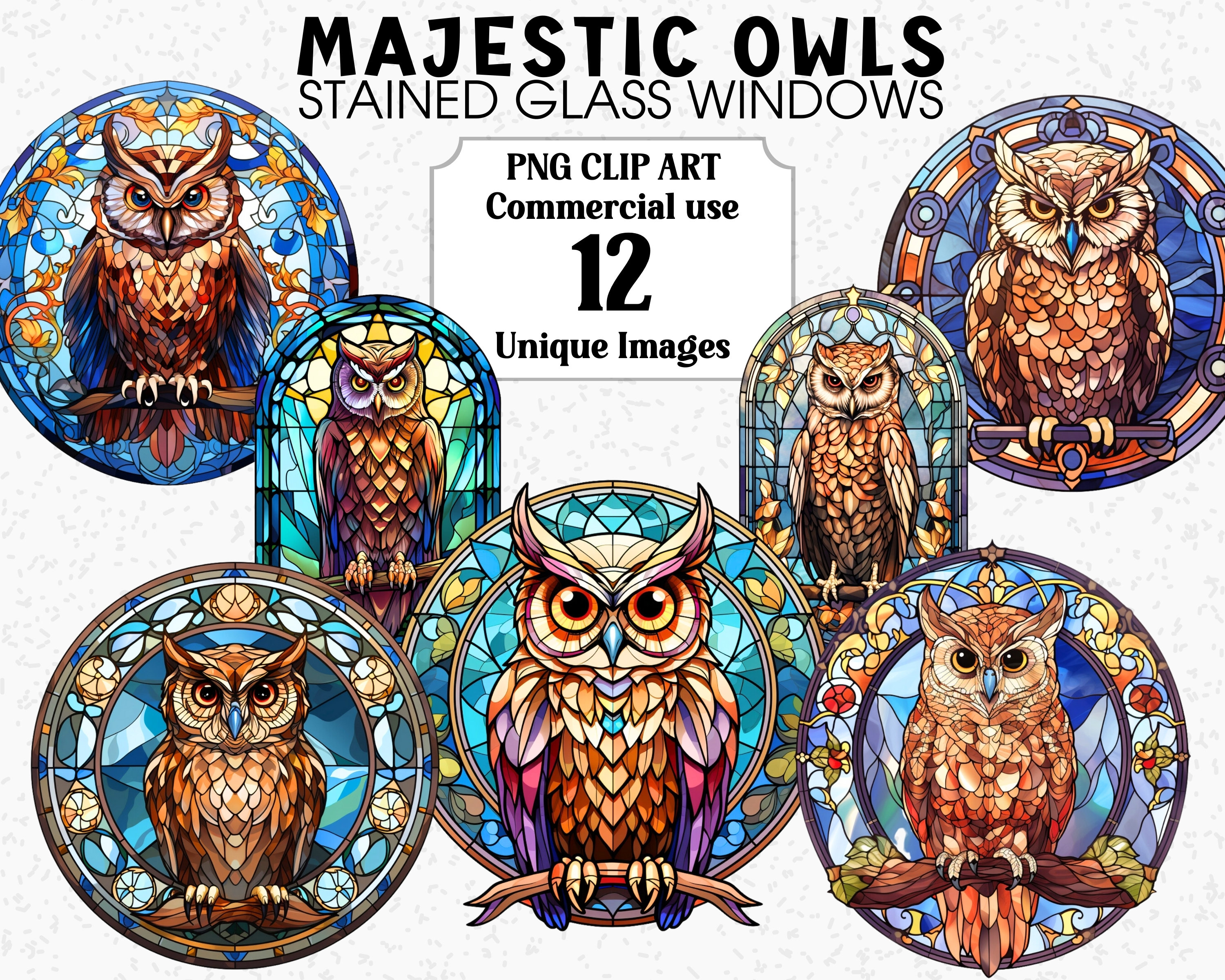 Owls Stained Glass Windows Clipart Digital & Paper Crafts - Etsy