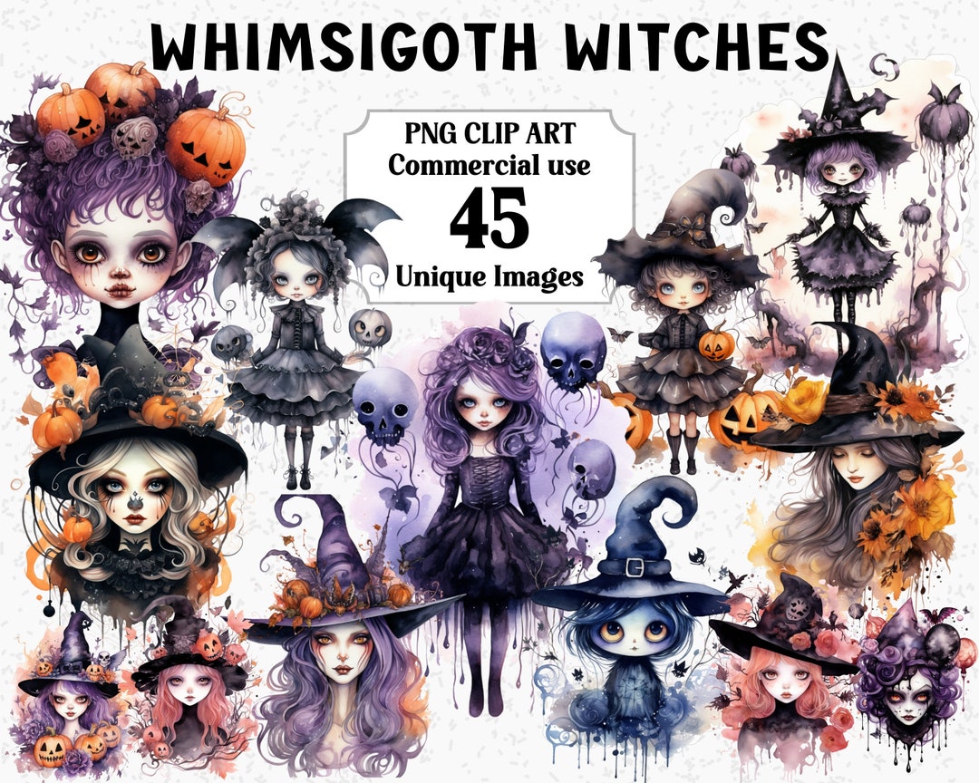 Whimsigoth Witches Watercolor Halloween Spooky Clip Art, Digital ...