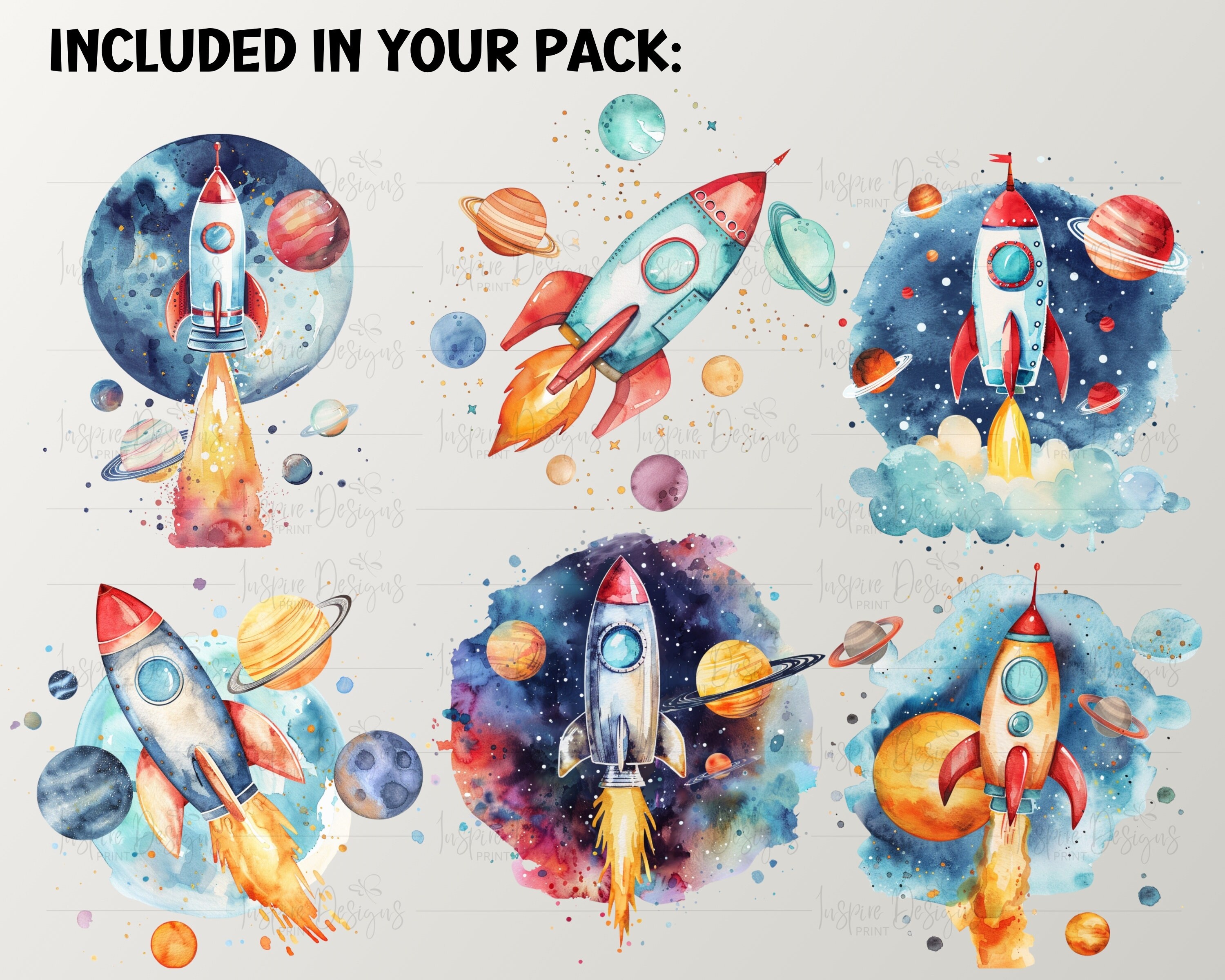 Cool Space Rockets Watercolor Clipart, Instant Download Commercial Use ...